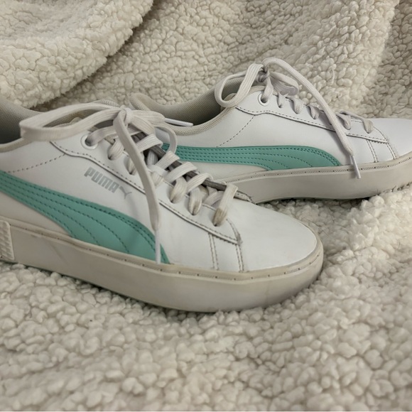 Puma | Shoes | Puma Leather Sneakers With Aqua Stripe | Poshmark